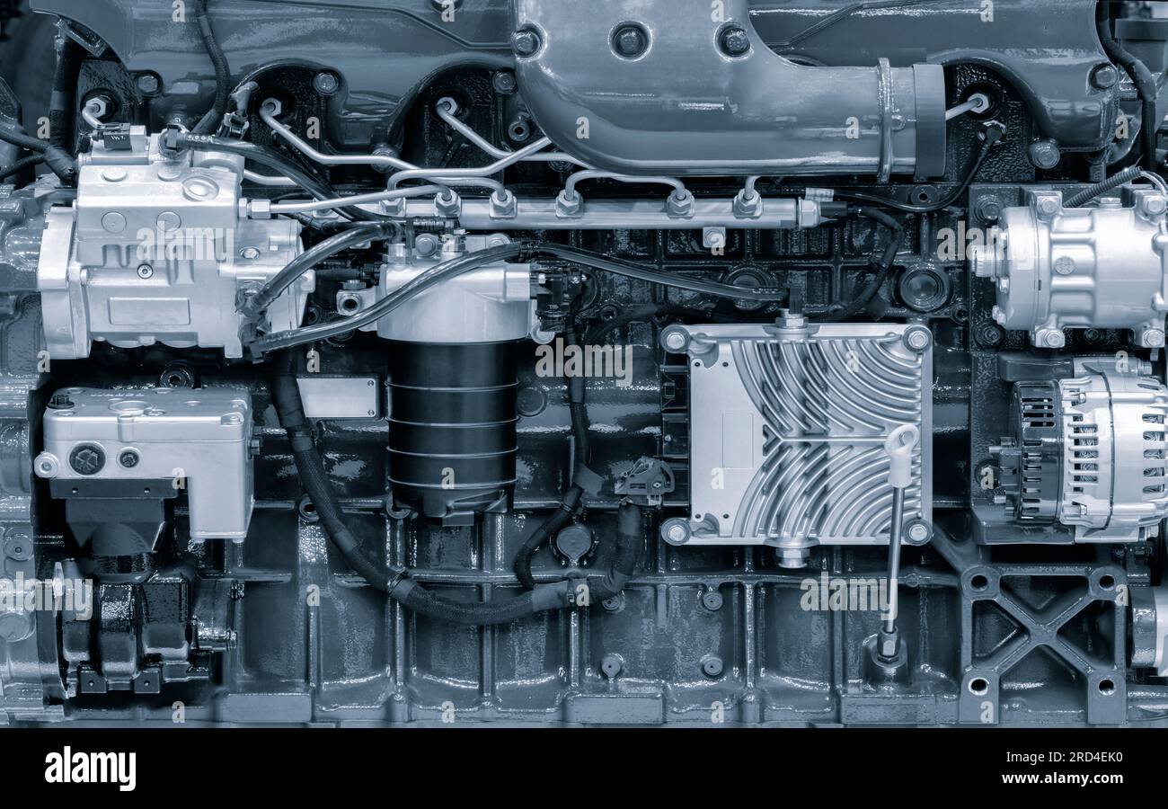 Blue diesel engine. Fragment of a diesel motor close-up. Selective on ...