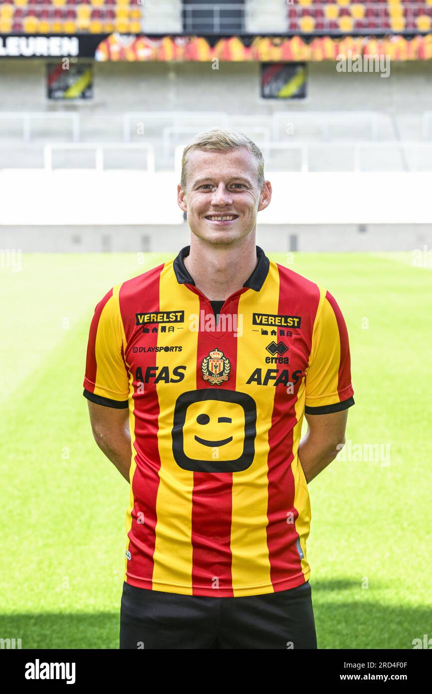 Mechelen, Belgium. 18th July, 2023. Mechelen's Nikola Storm poses for a portrait picture at the ...