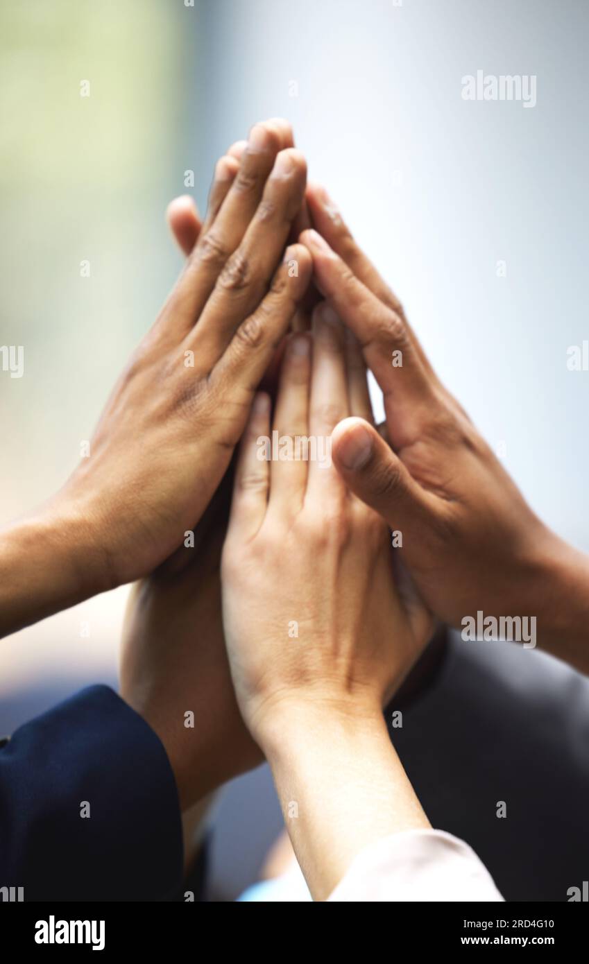 High five, success and hands of employees for team building, meeting or ...