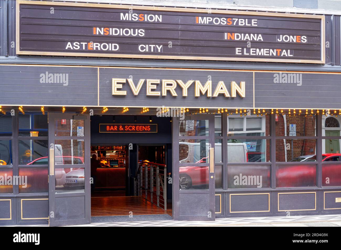 Entrance to Everyman cinema with list of films showing Stock Photo - Alamy