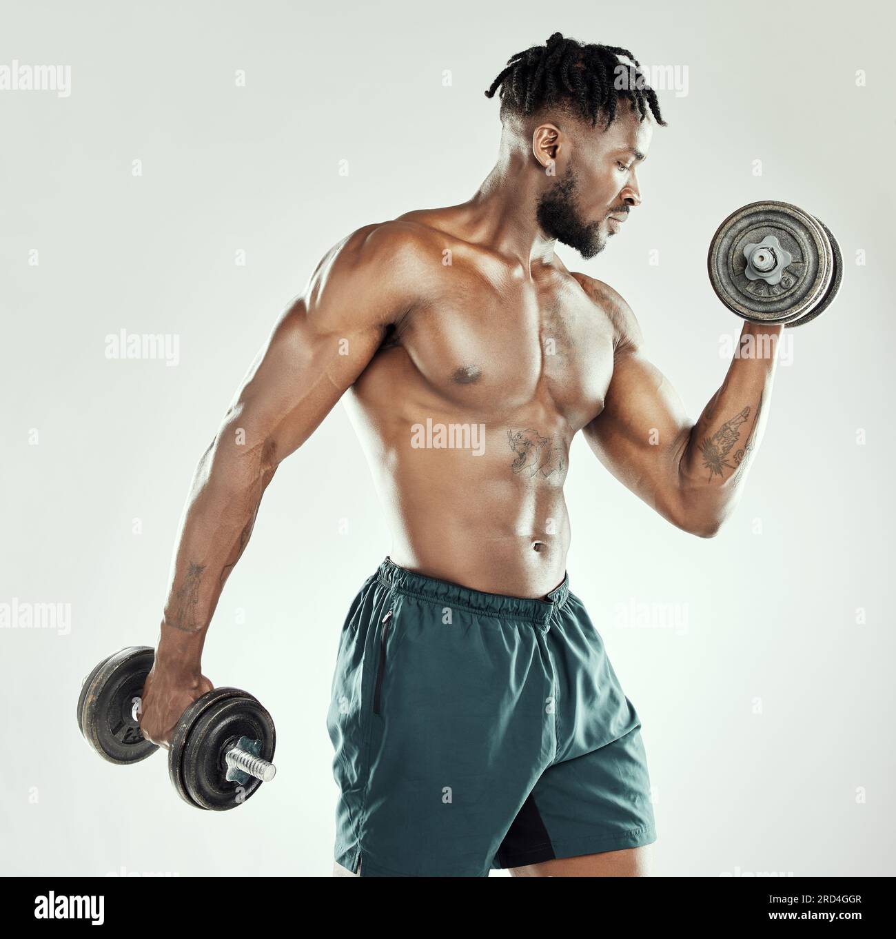 Fitness, strong and black man with dumbbells, exercise and wellness ...