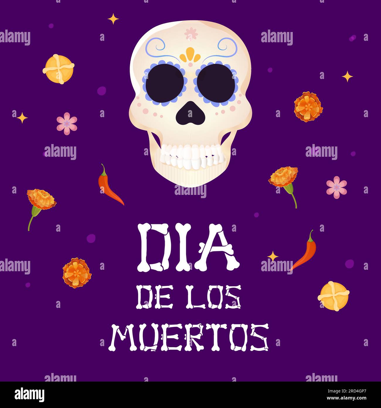 Day of the dead postcard. skull and flor de muerto,bread of the dead ...