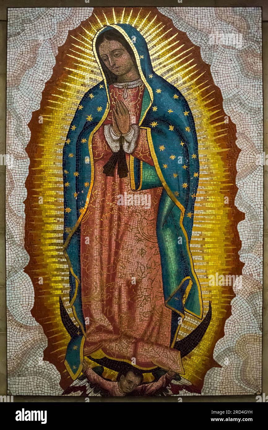 Vertical close-up view of a mosaic of the Virgin Mary in the Abbey of ...