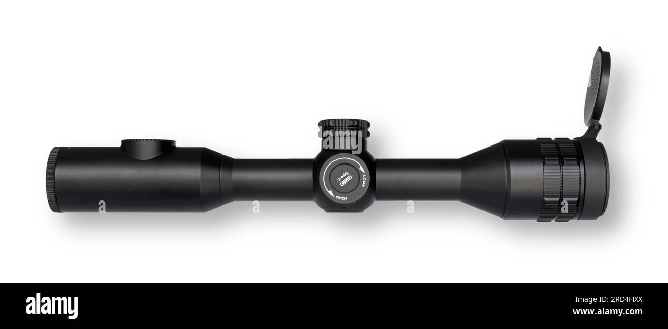 Night vision rifle scope with cover open on its infrared sensor that ...