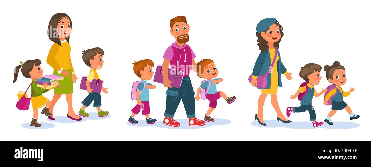 Cartoon parents with children walk. Adults accompany students. School ...