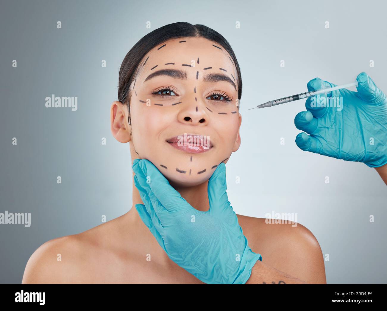 Portrait, plastic surgery and botox with a woman in studio on a gray ...