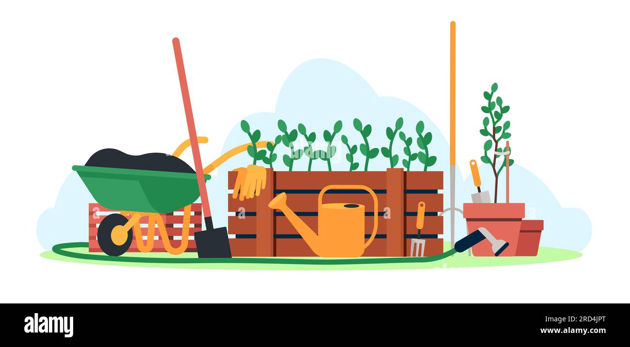 Gardening tools. Farming instruments. Wooden box with seedlings. Plants ...