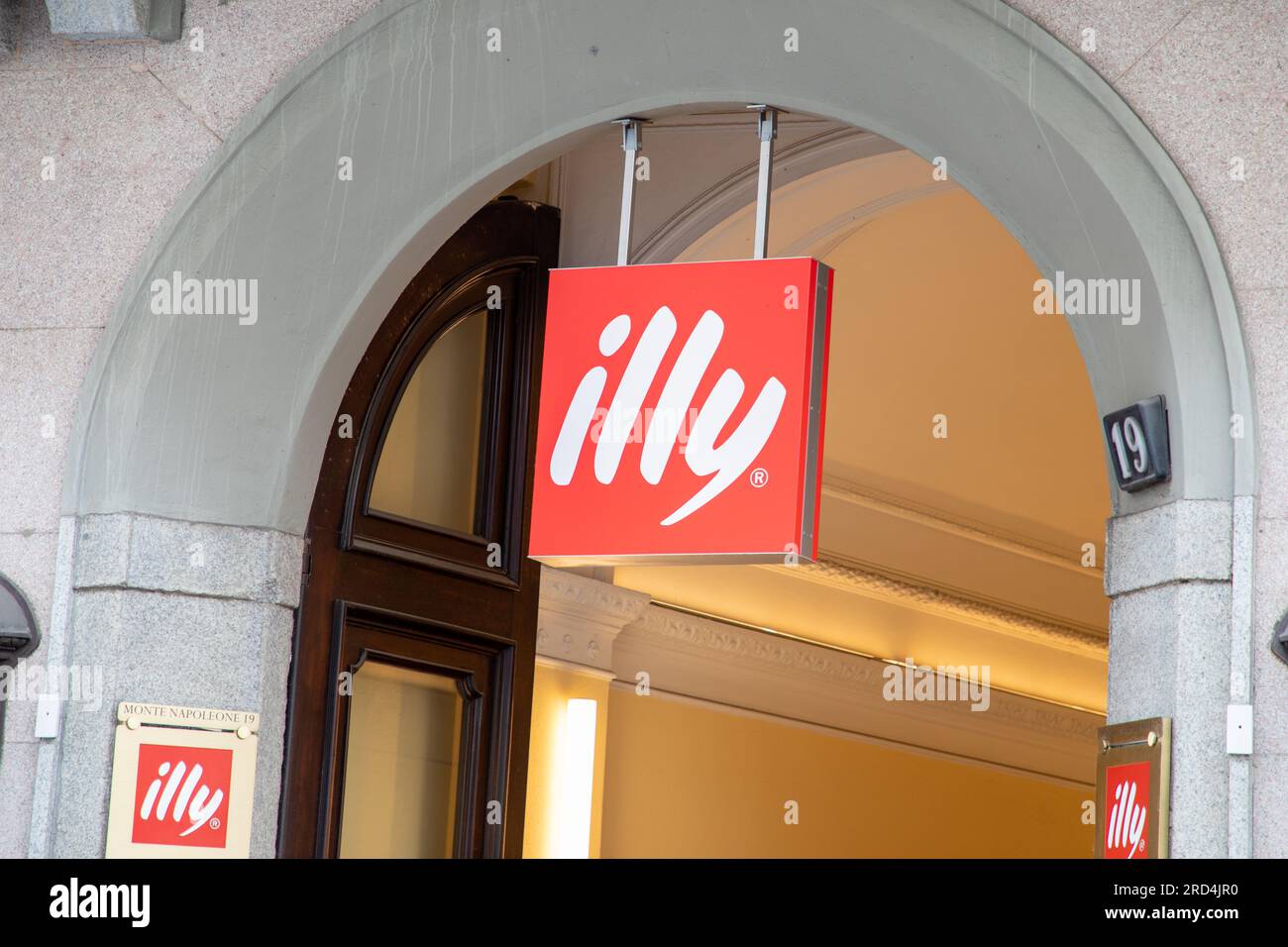Milan , Italy - 07 05 2023 : Illy coffee shop red sign logo cafe ...