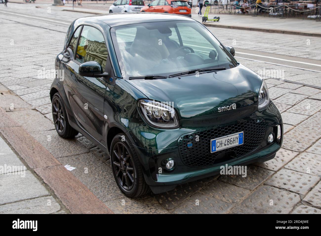 Milan , Italy - 07 10 2023 : smart eq fortwo car small dark little ...