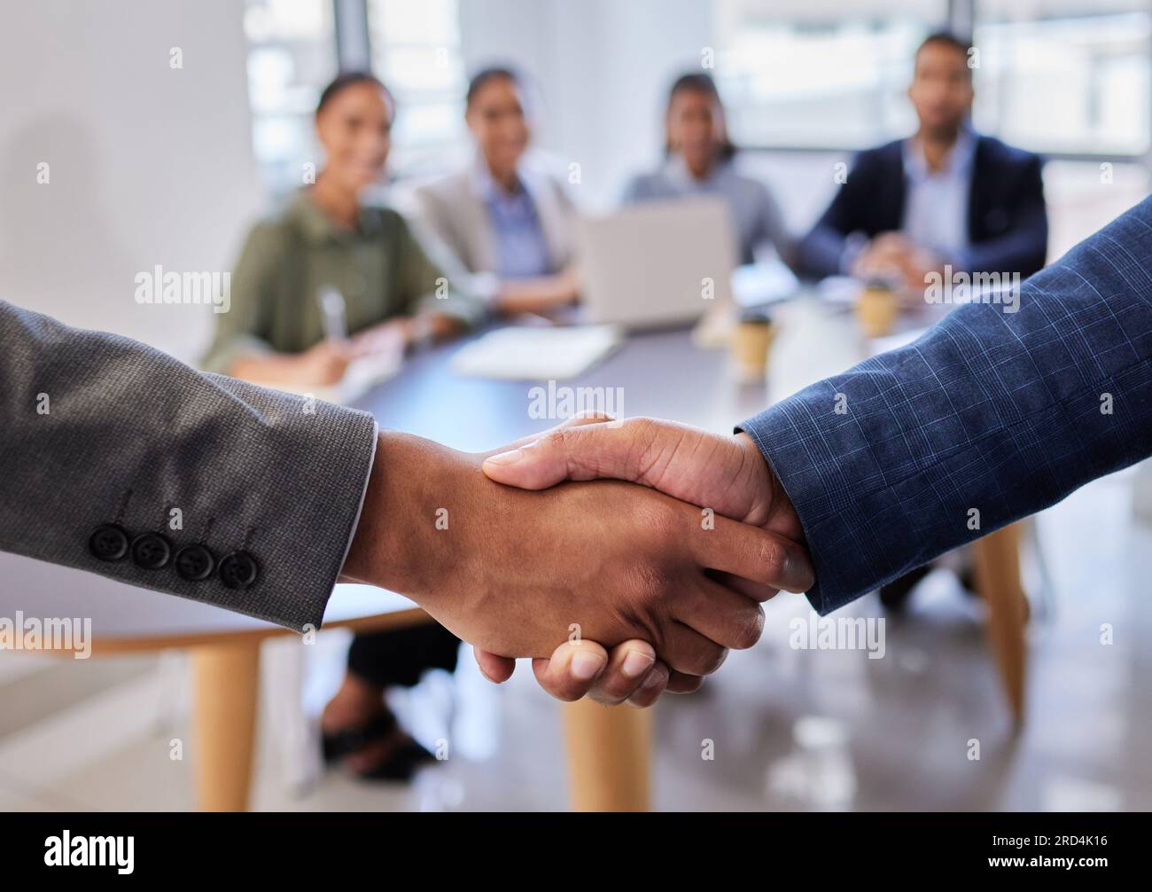 Meeting, b2b and shaking hands with business people in office for deal ...