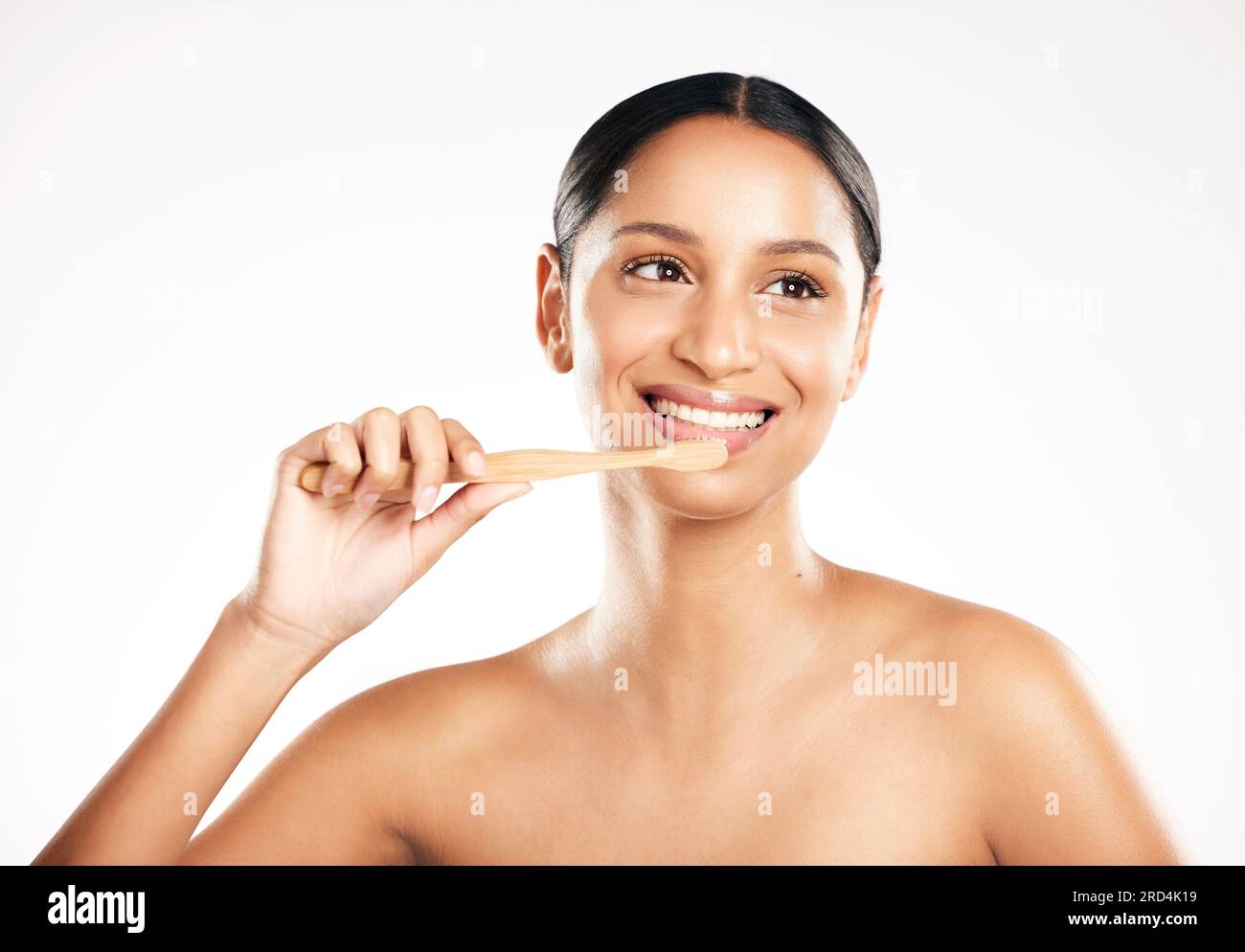 Happy woman, toothbrush and brushing teeth for dental or clean hygiene ...