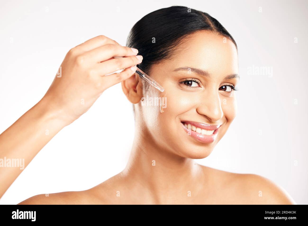 Happy woman, face and serum for skincare, hydration or healthcare in ...