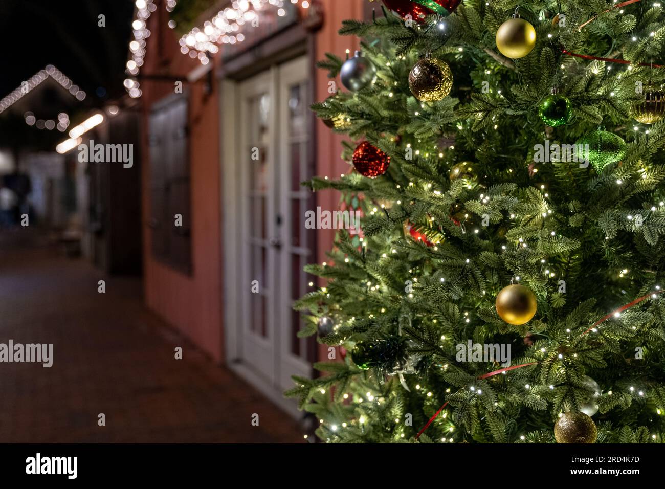 Decorated Christmas tree with lights lit up at night, in an alley ...