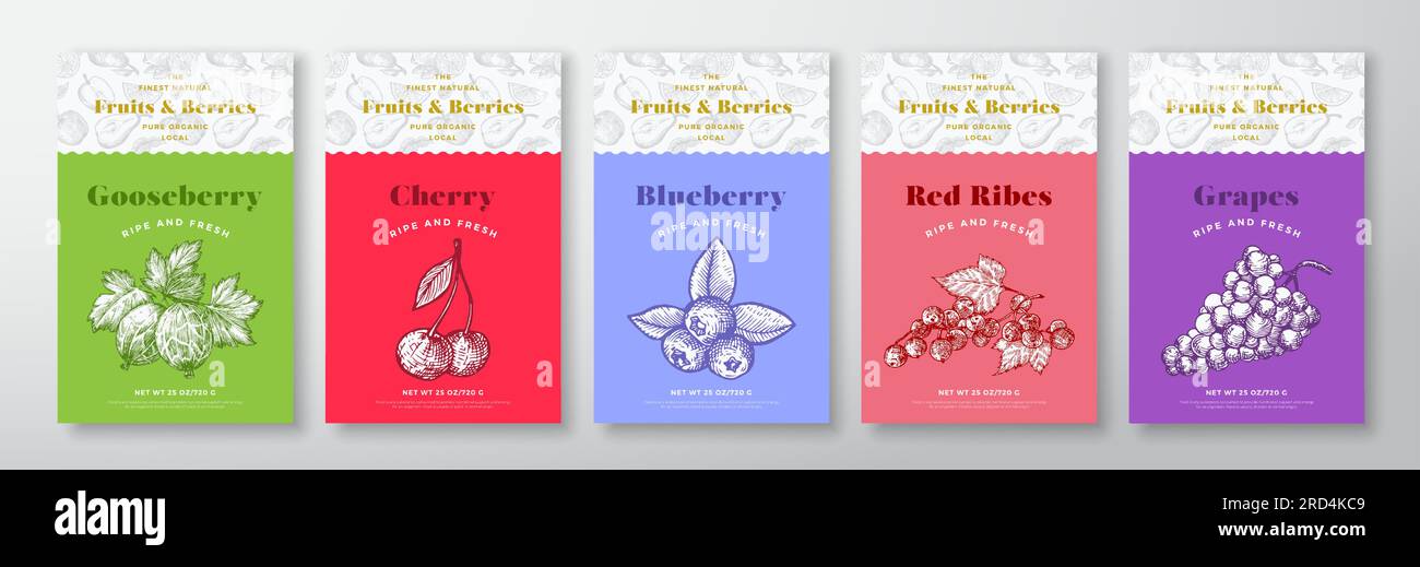 Fruits and Berries Pattern Label Templates Set. Vector Packaging Design ...