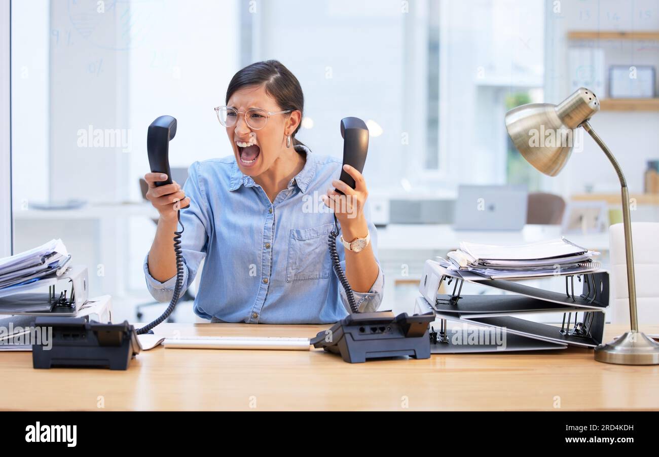 Angry, scream and business woman on telephone for secretary career ...