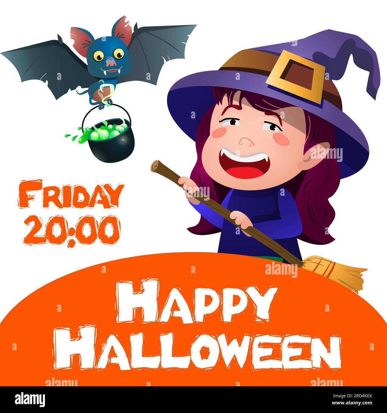 Happy Halloween lettering with happy witch and bat Stock Vector Image ...