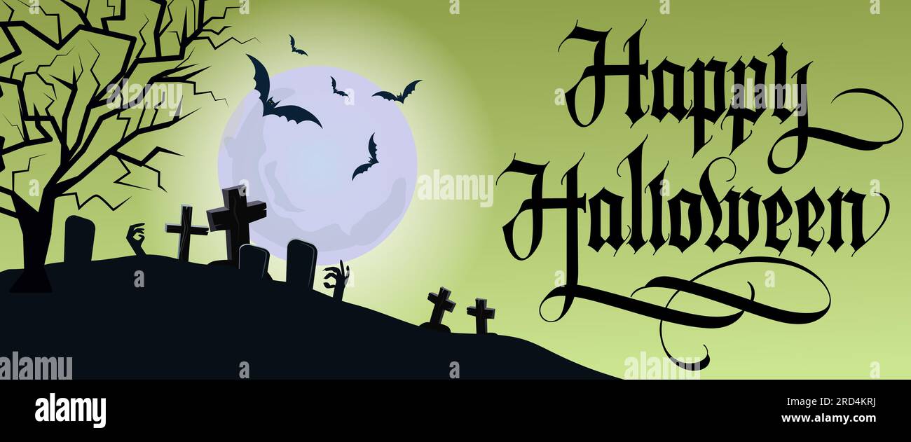 Happy Halloween lettering with moon and graveyard Stock Vector Image ...