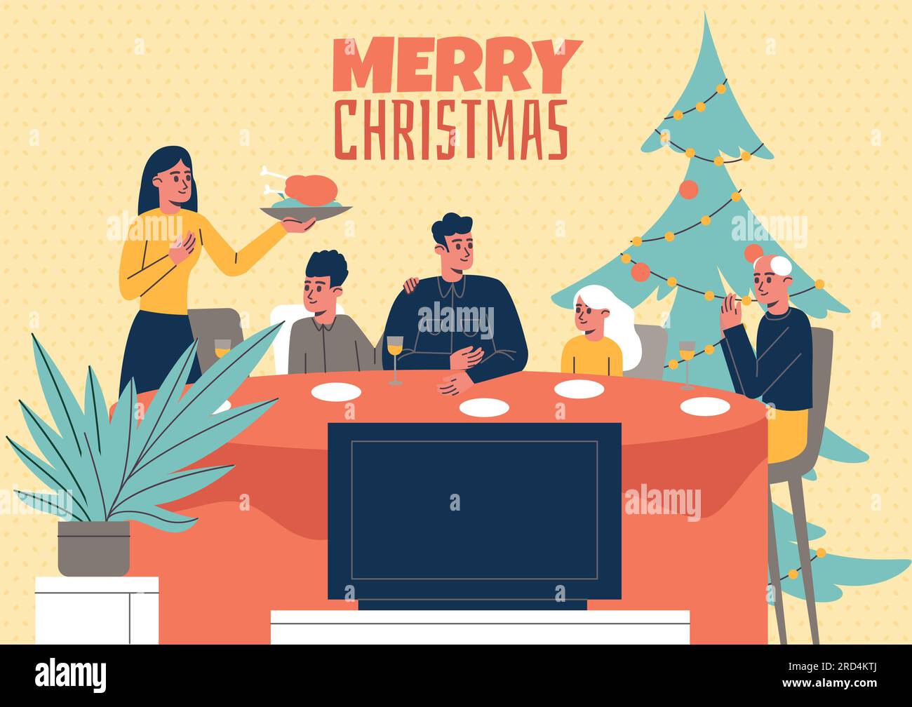 People at Christmas dinner. Xmas party. Happy family watching TV at ...