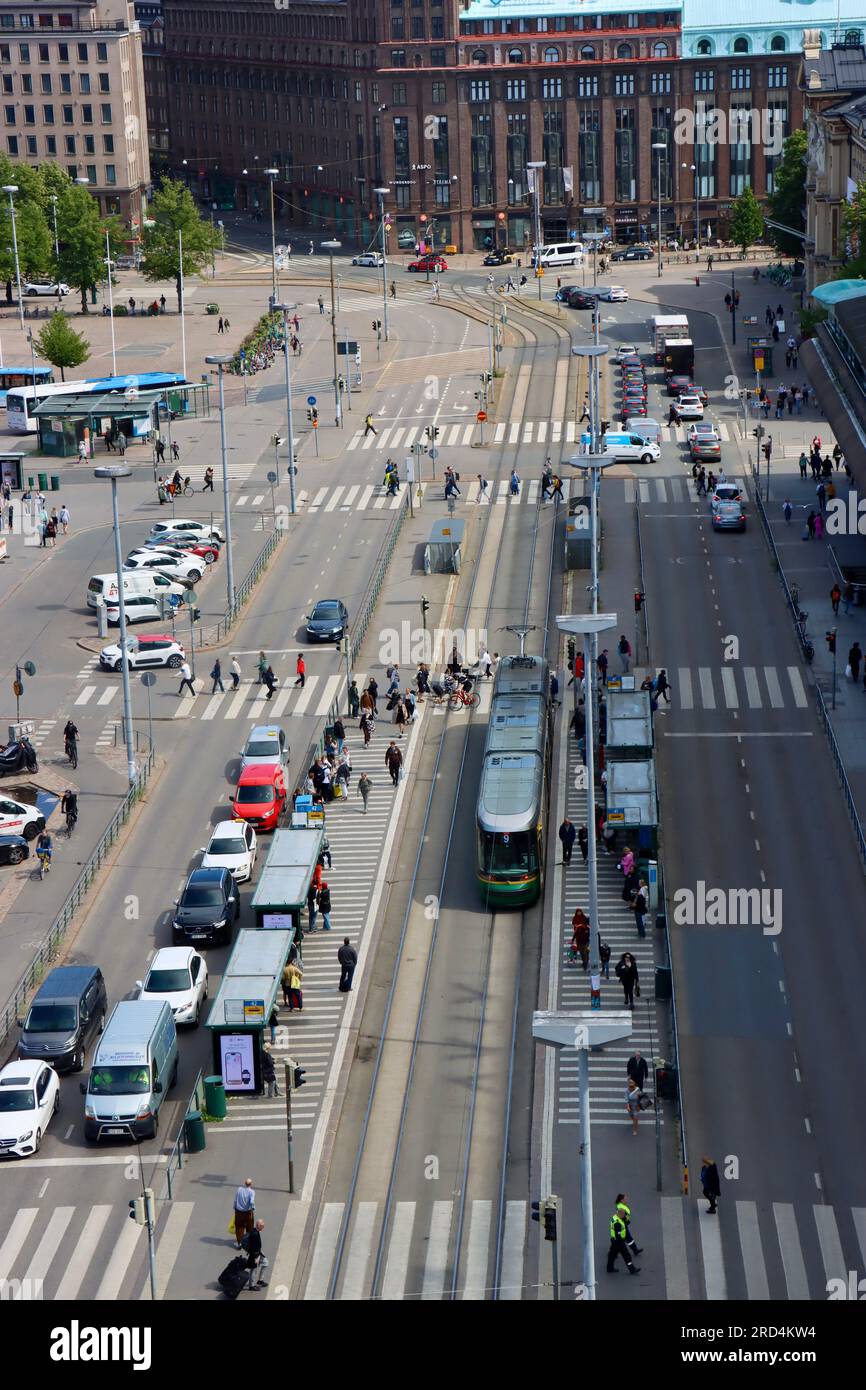 Aerial view of tram and car traffic on Helsinki Railway Square ...