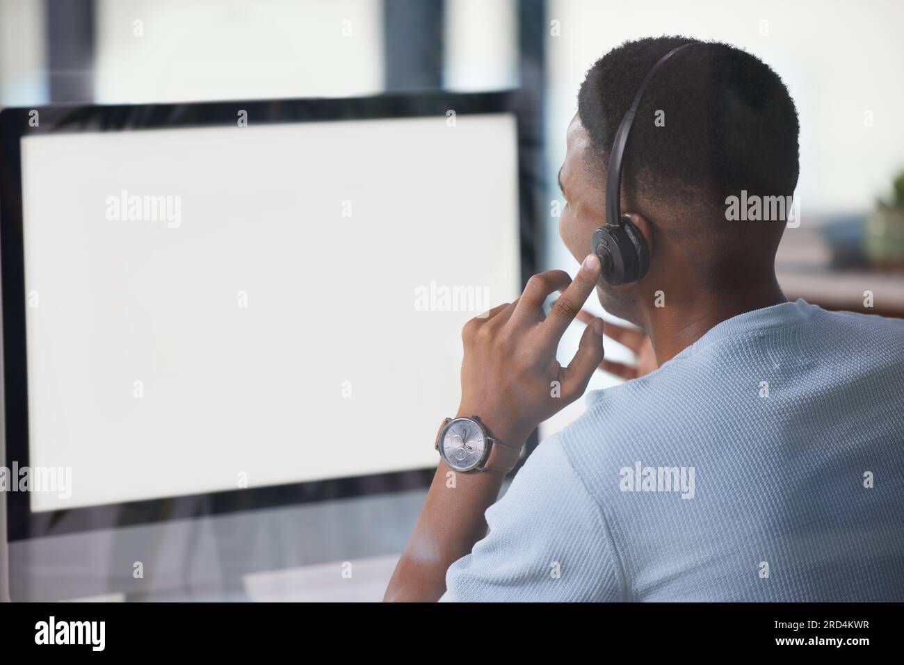 Call center, man and computer screen or mockup for customer service ...
