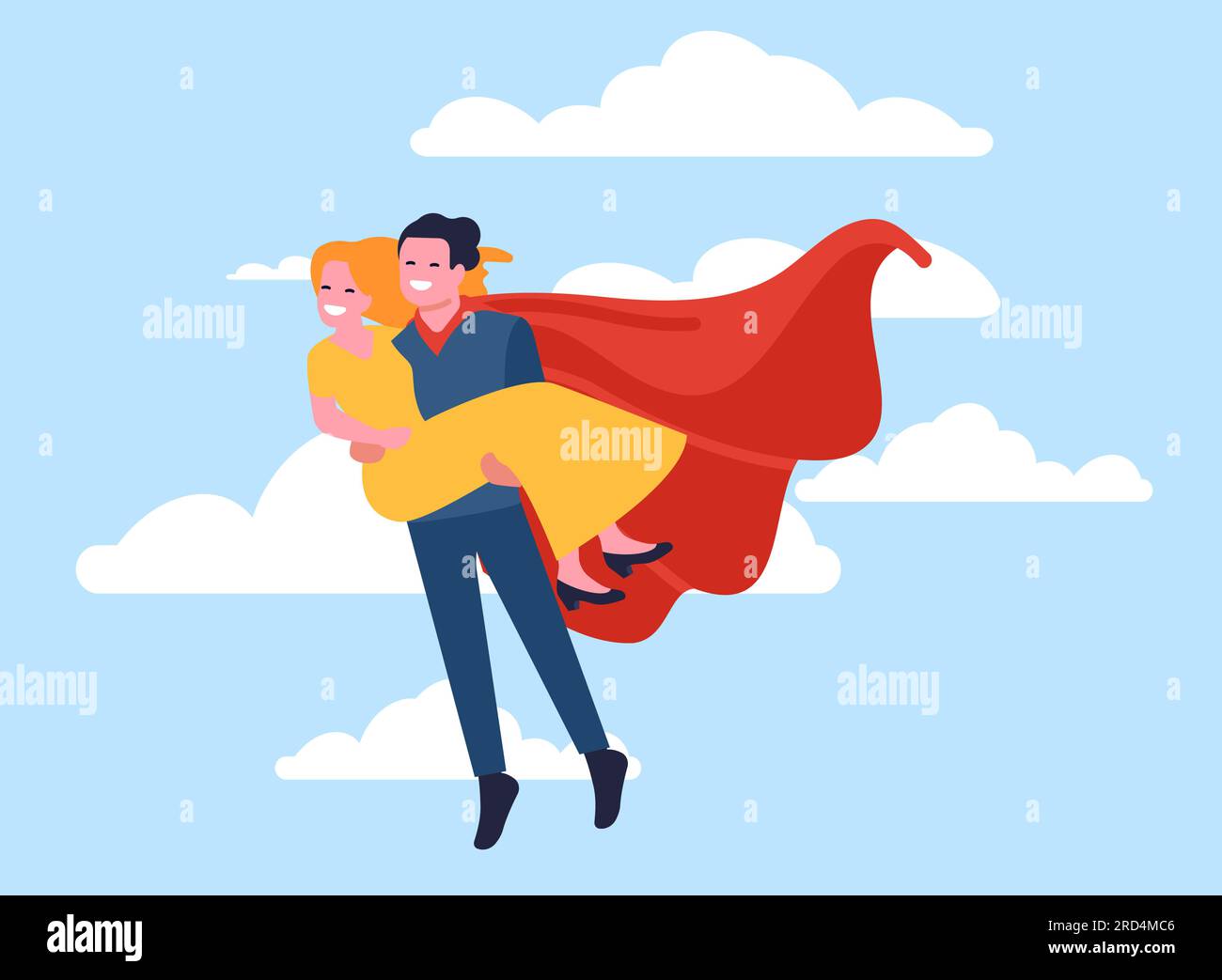 Superman saves woman. Powerful man carries female in arms. Brave hero ...
