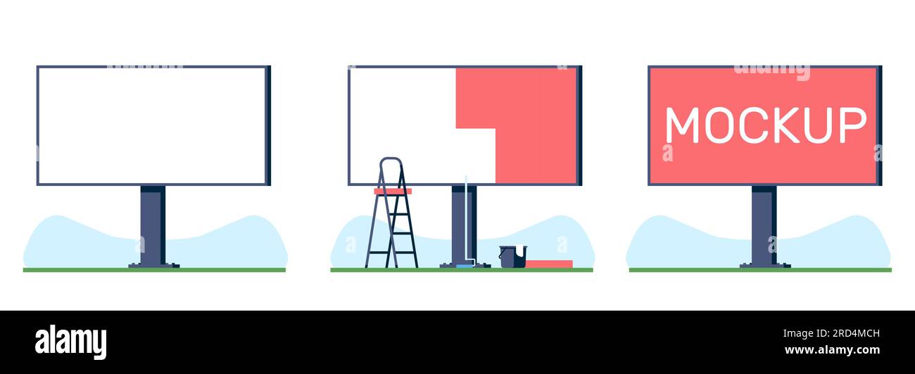 Different stages of sticking ads on large city billboard. Installing ...