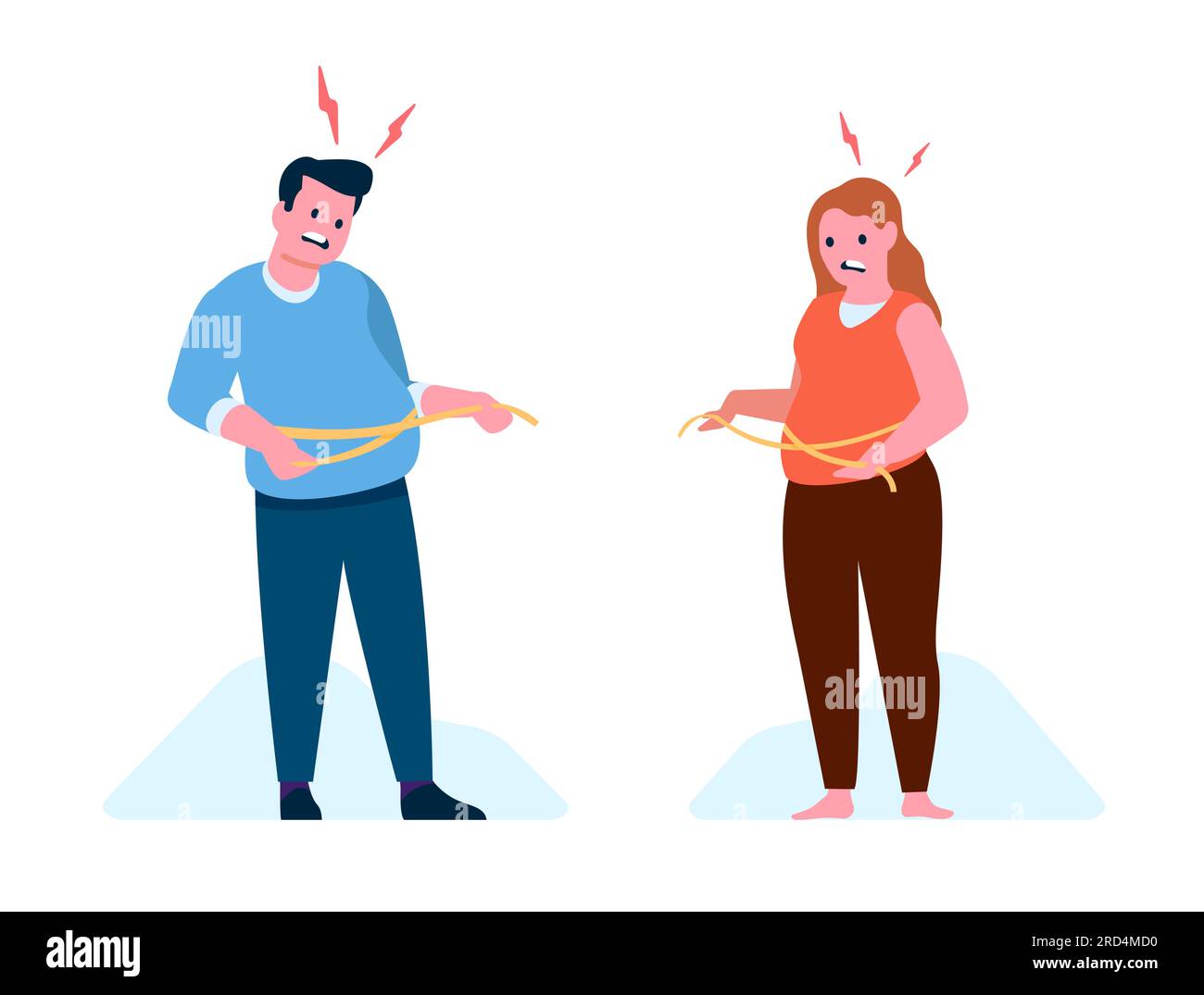 Fat man and woman measuring their bellies with centimeter meter tape ...