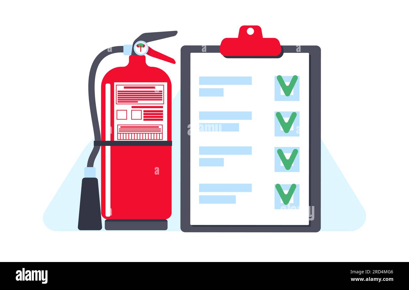 Fire fighting checklist. Extinguisher and paper tablet with checkmarks ...