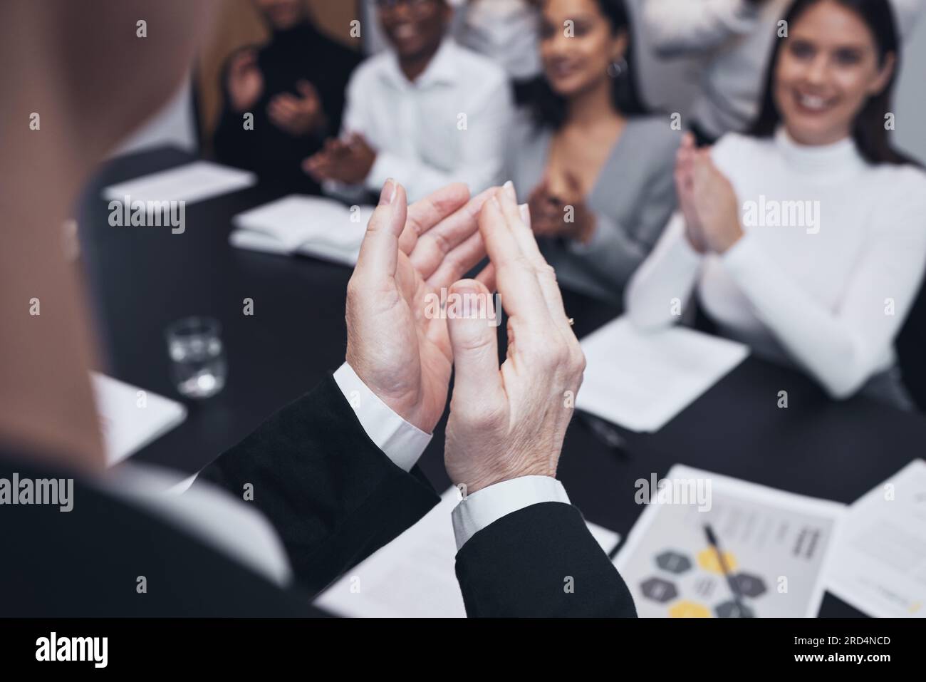 Business people, hands and applause in meeting for presentation, teamwork or collaboration at ...