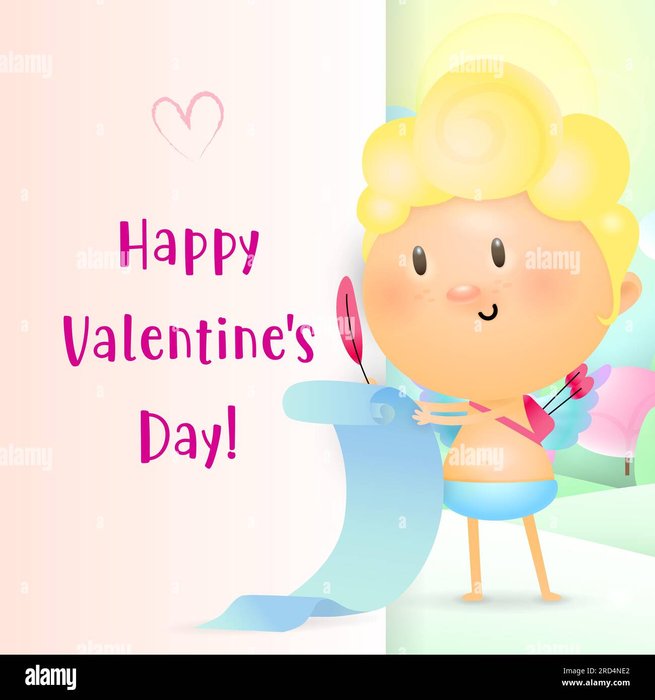 Happy Valentines Day lettering and cupid writing on scroll Stock Vector ...