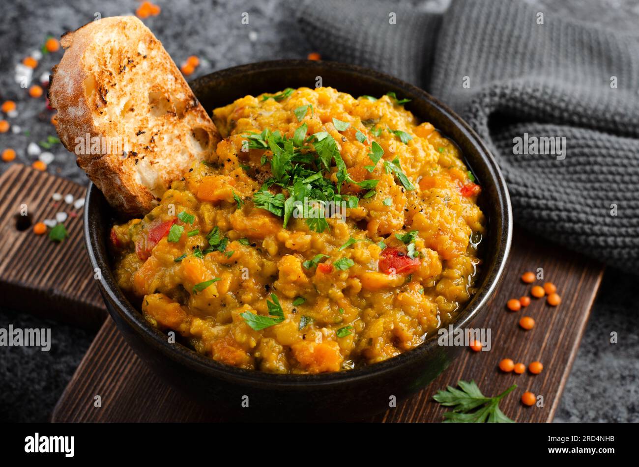 Red Lentils Indian Curry Dal, Lentil Dhal, Tasty Meal in a Bowl on Dark ...