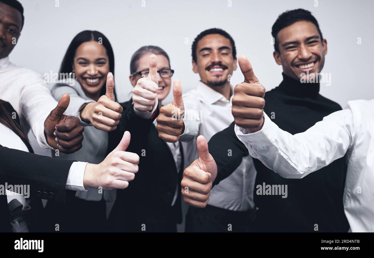 Happy, business people and thumbs up for winning, success or team ...