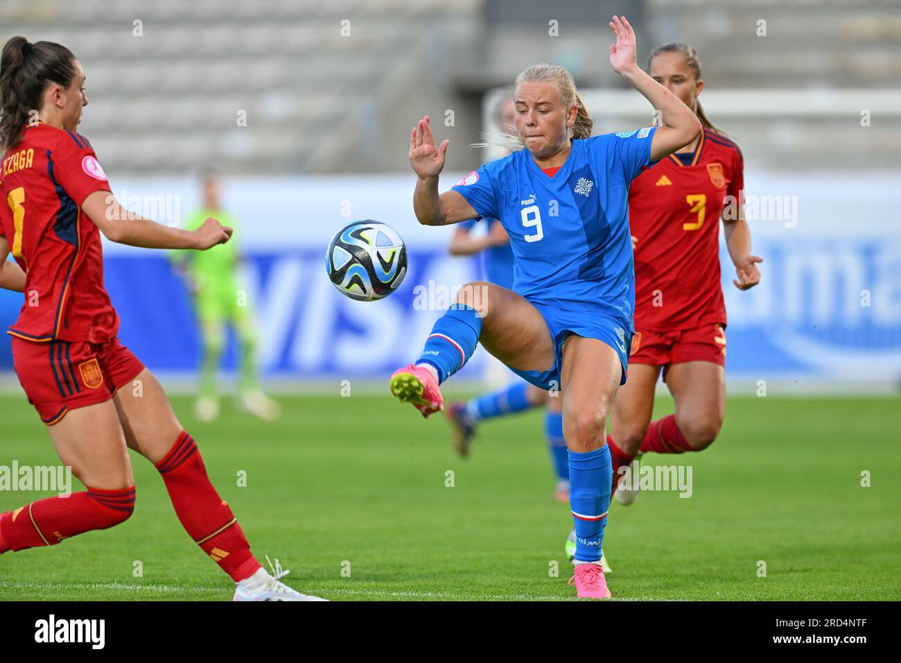 Tubize, Belgium. 18th July, 2023. Emelia Oskarsdottir (9) of Iceland pictured in action during a ...
