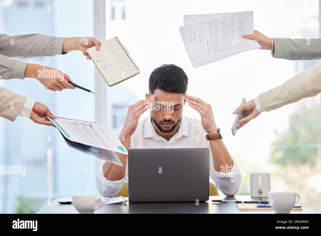 Business man, stress and demand in office with headache, anxiety and ...