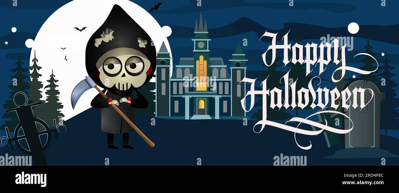 Happy Halloween lettering with grim reaper, castle and cemetery Stock ...