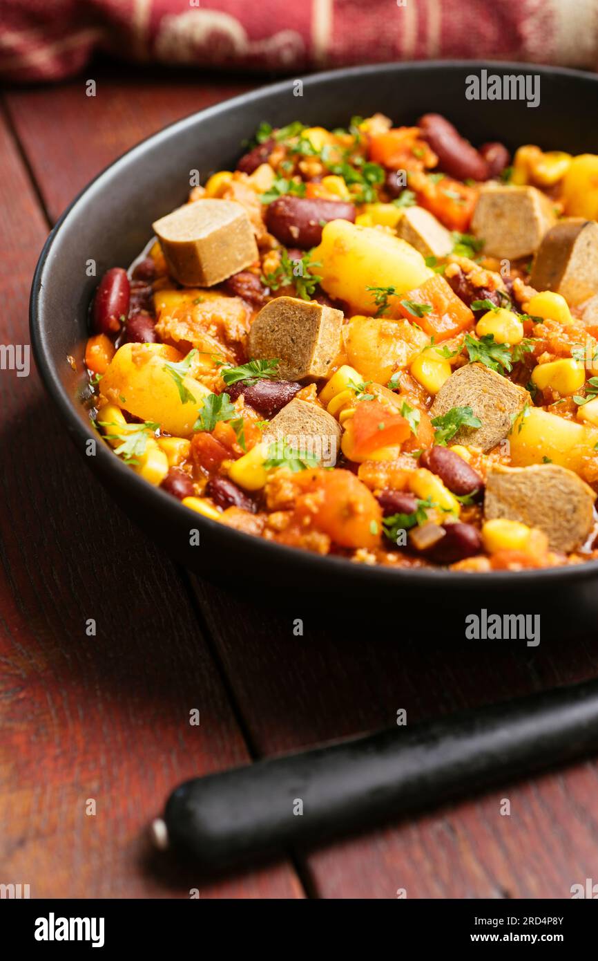 Vegan Cowboy Stew with onion, bell pepper, TVP granules, crushed ...