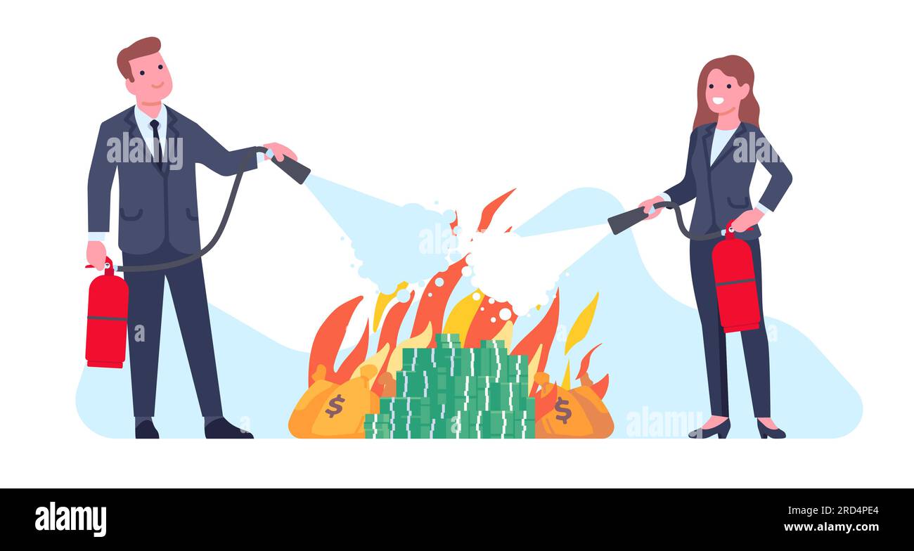 Businessmen extinguish burning money. Man and woman with fire ...