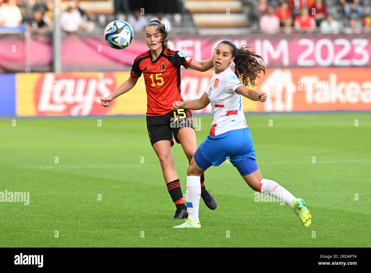 Leuven, Belgium. 18th July, 2023. Nadege Francois (15) of Belgium pictured with Ziva Henry (11 ...