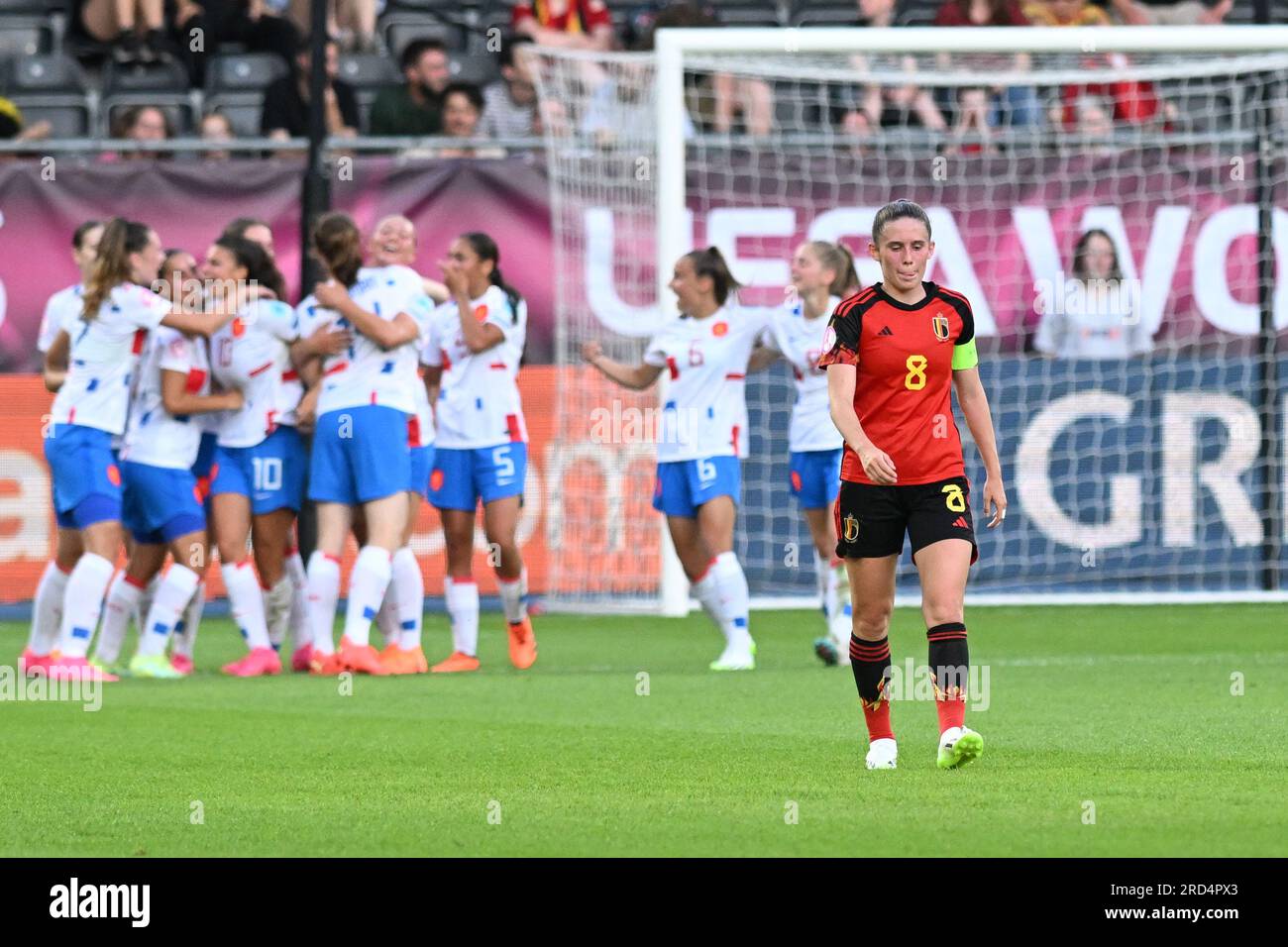 Leuven, Belgium. 18th July, 2023. Marie Detruyer (8) of Belgium pictured looking dejected after ...