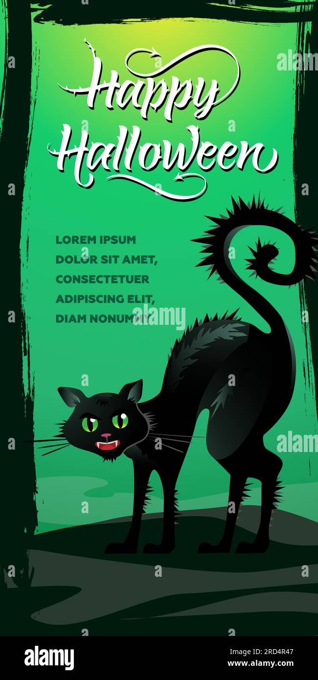 Happy Halloween lettering. Hissing black cat on green background Stock ...
