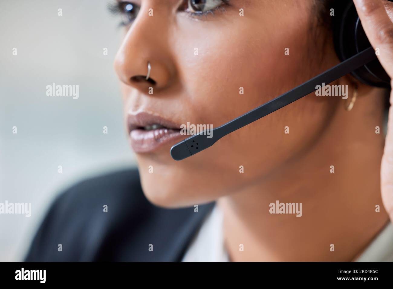 Crm, call center and business woman face with headset and phone consultation. Contact us ...