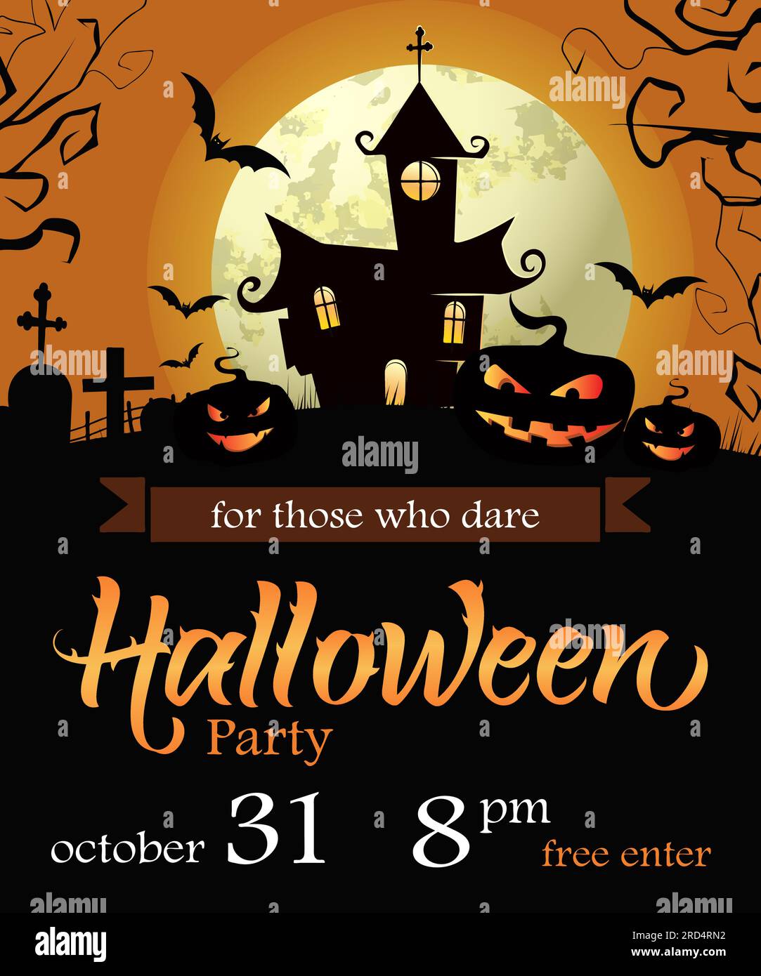 Halloween Party lettering with date, castle, pumpkins and moon Stock ...