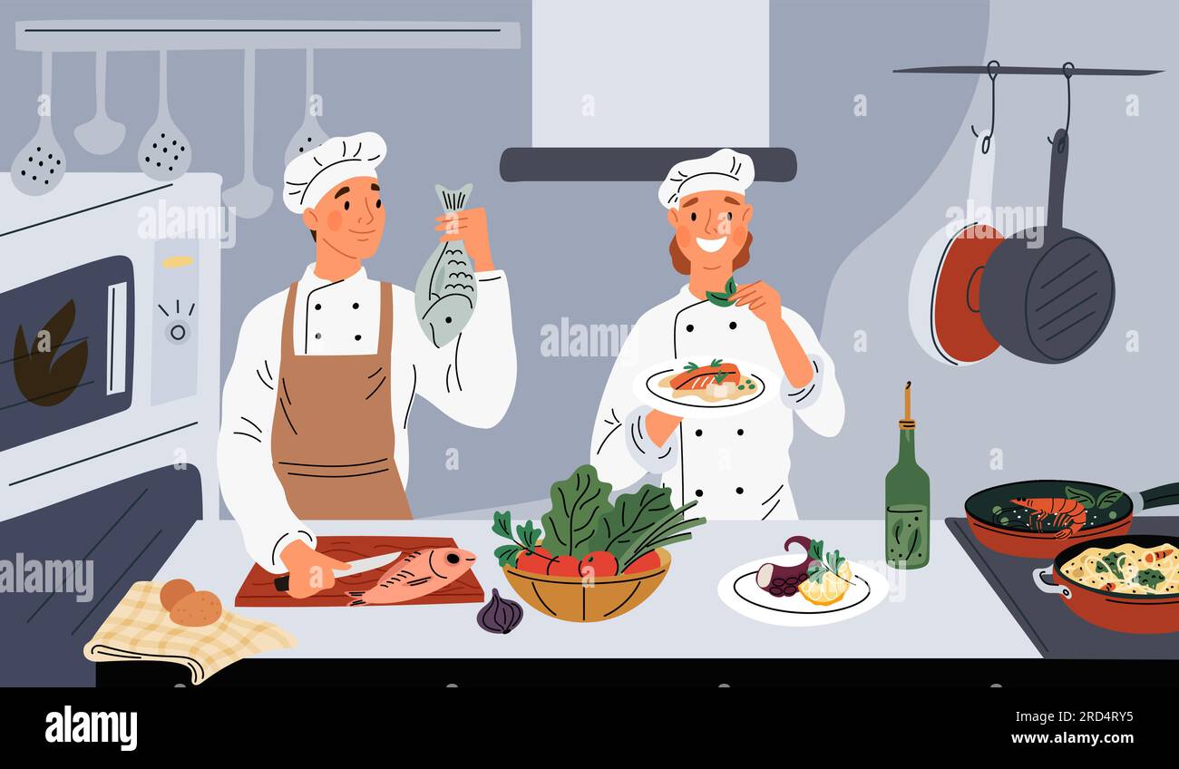 Fish restaurant chefs cooking food. Professional cooks in kitchen ...