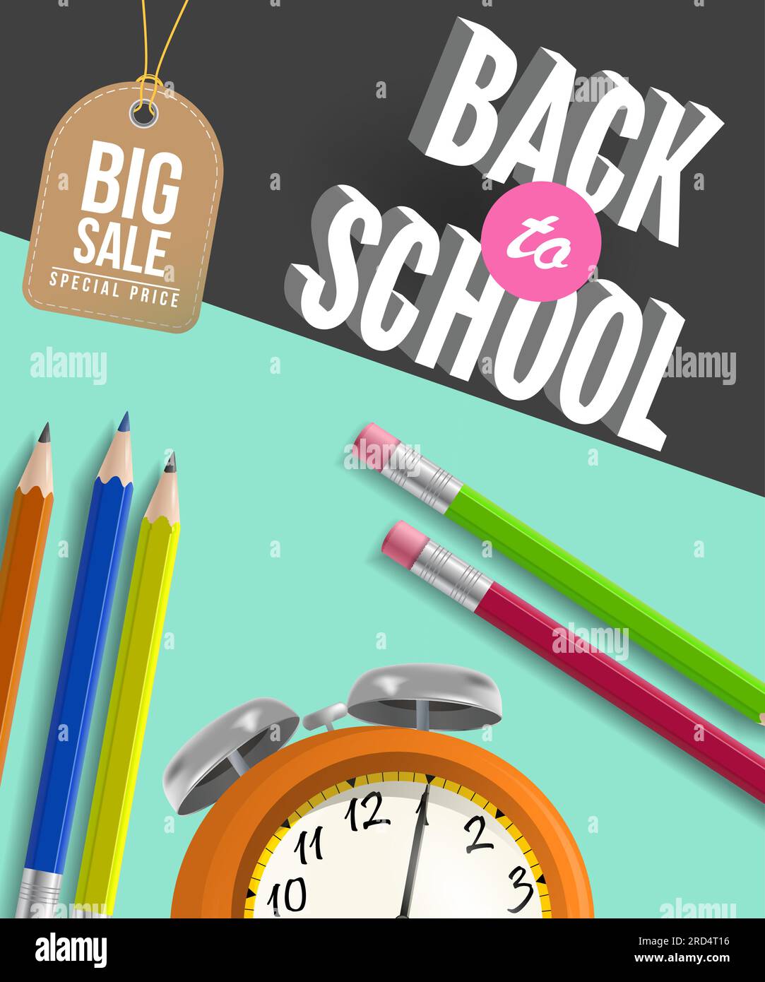 Back to school big sale poster design with pencils, alarm clock Stock ...