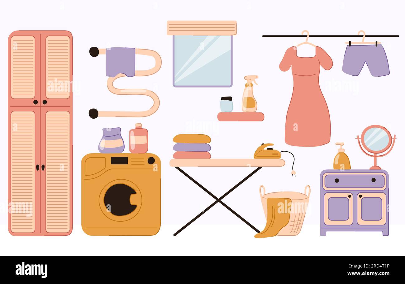 Laundry room interior with washing machine, ironing board, clothes rack ...