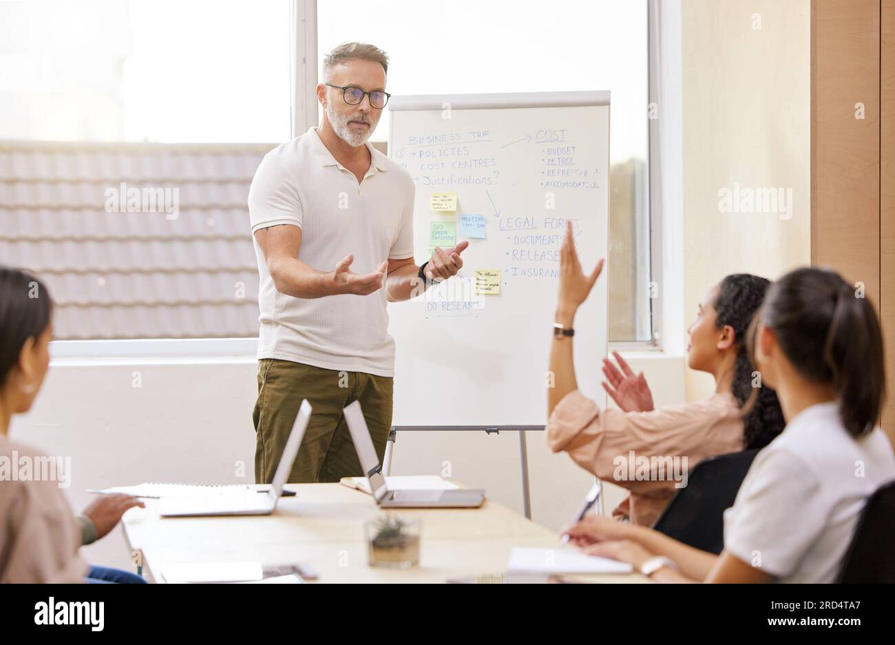 Business, presentation and man in a meeting, questions and feedback ...