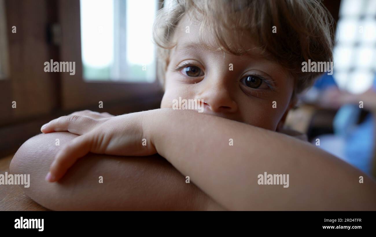 Pensive little boy leaning on table arms crossed face looking at camera ...