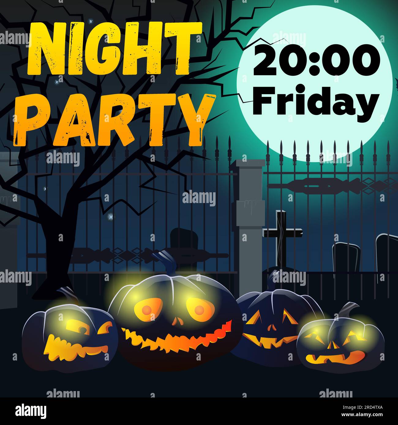 Night Party lettering with pumpkins and cemetery Stock Vector Image ...
