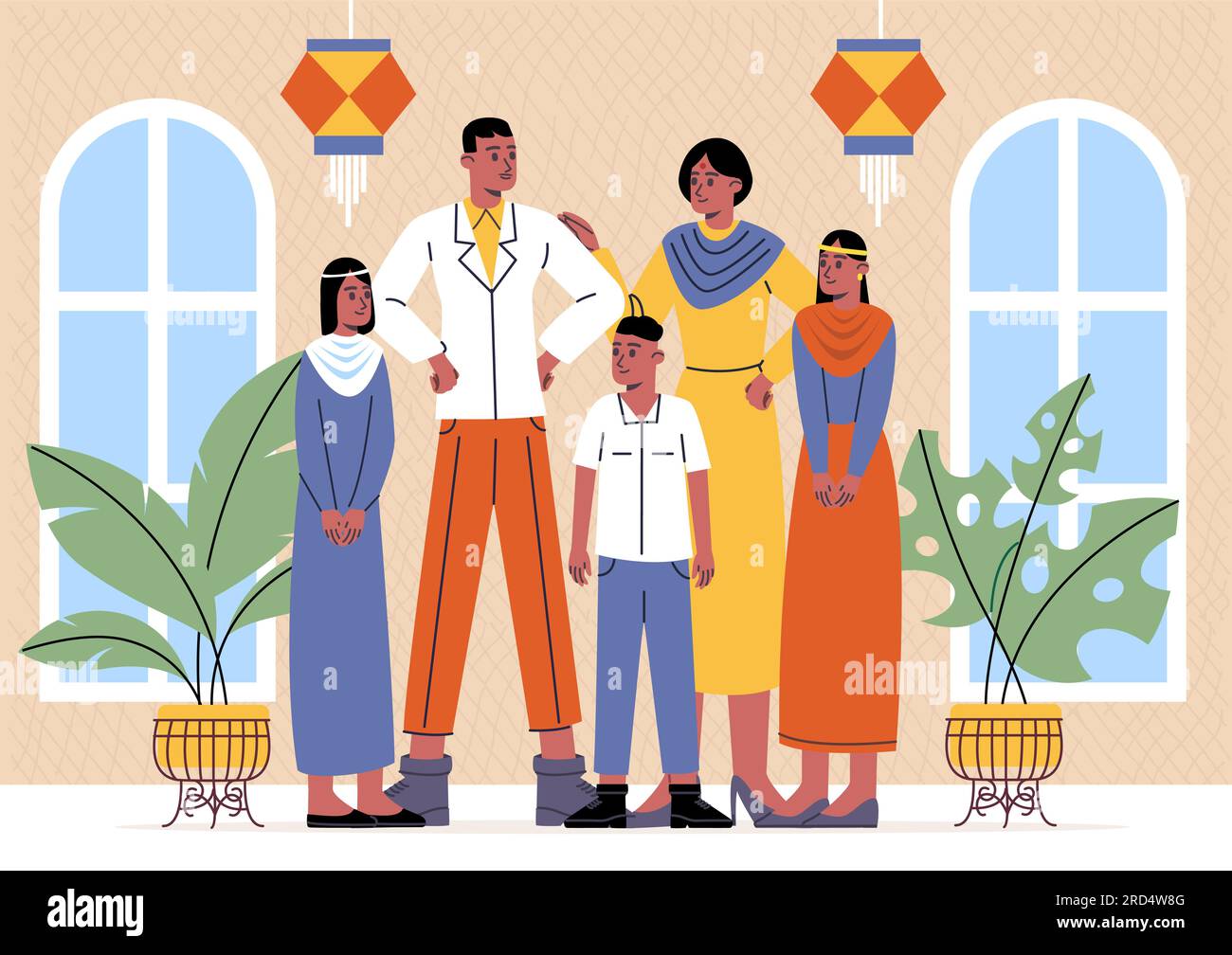 Traditional Indian family. Cartoon people in home room interior. Happy ...