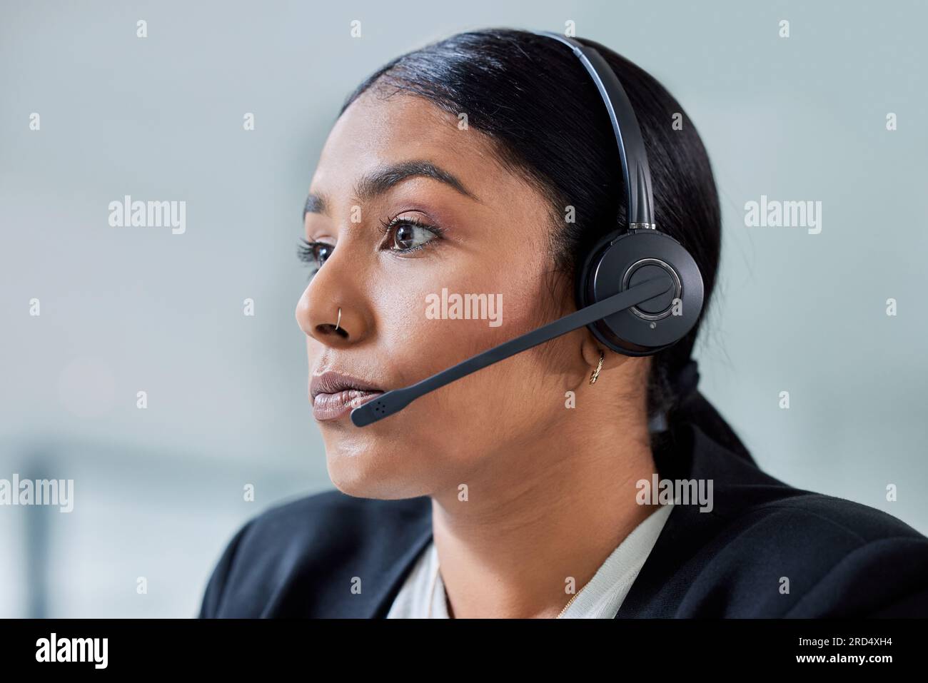 Contact us, call center and business woman face with headset and phone ...